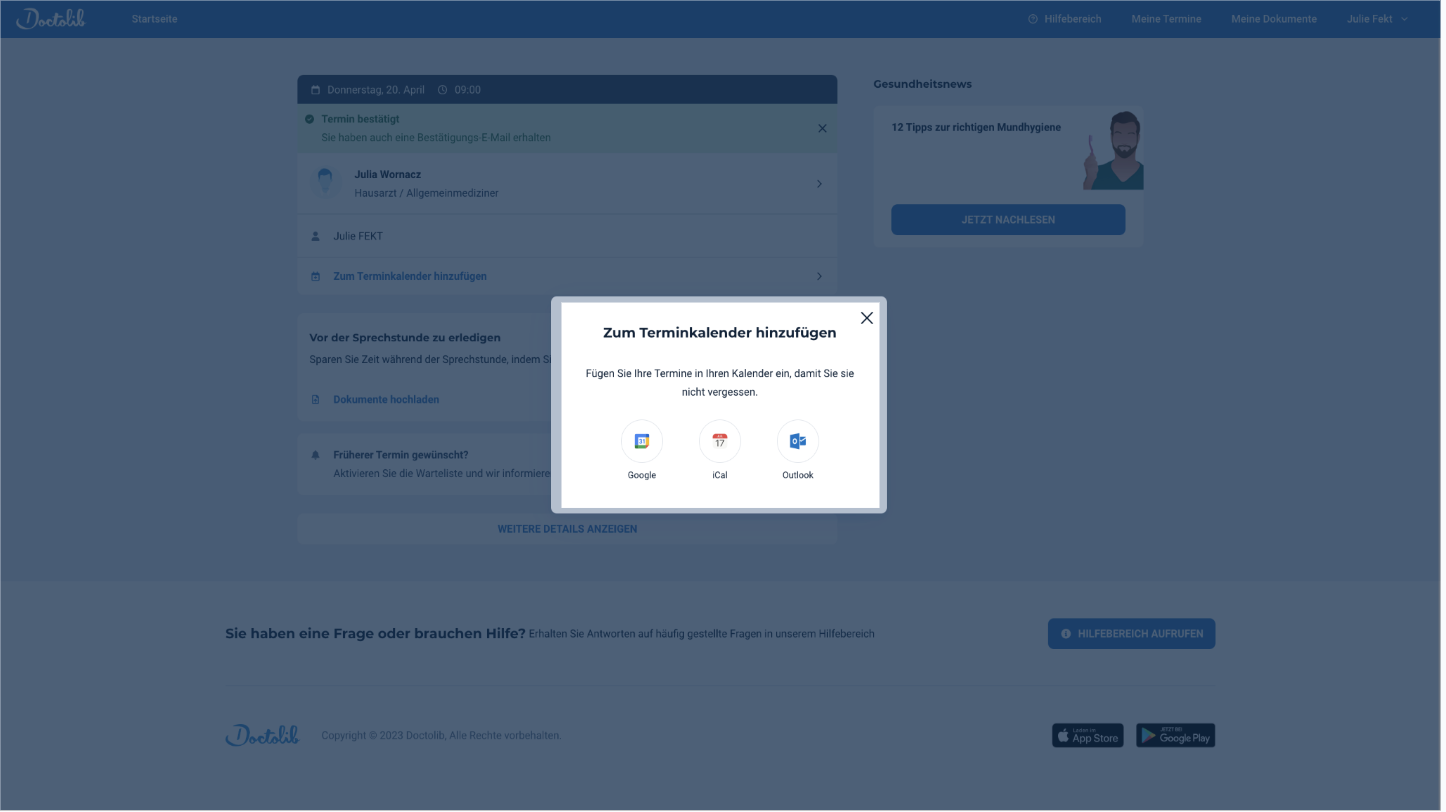 Meinen Termin meinem persönlichen Kalender hinzufügen – Hilfe und ...
