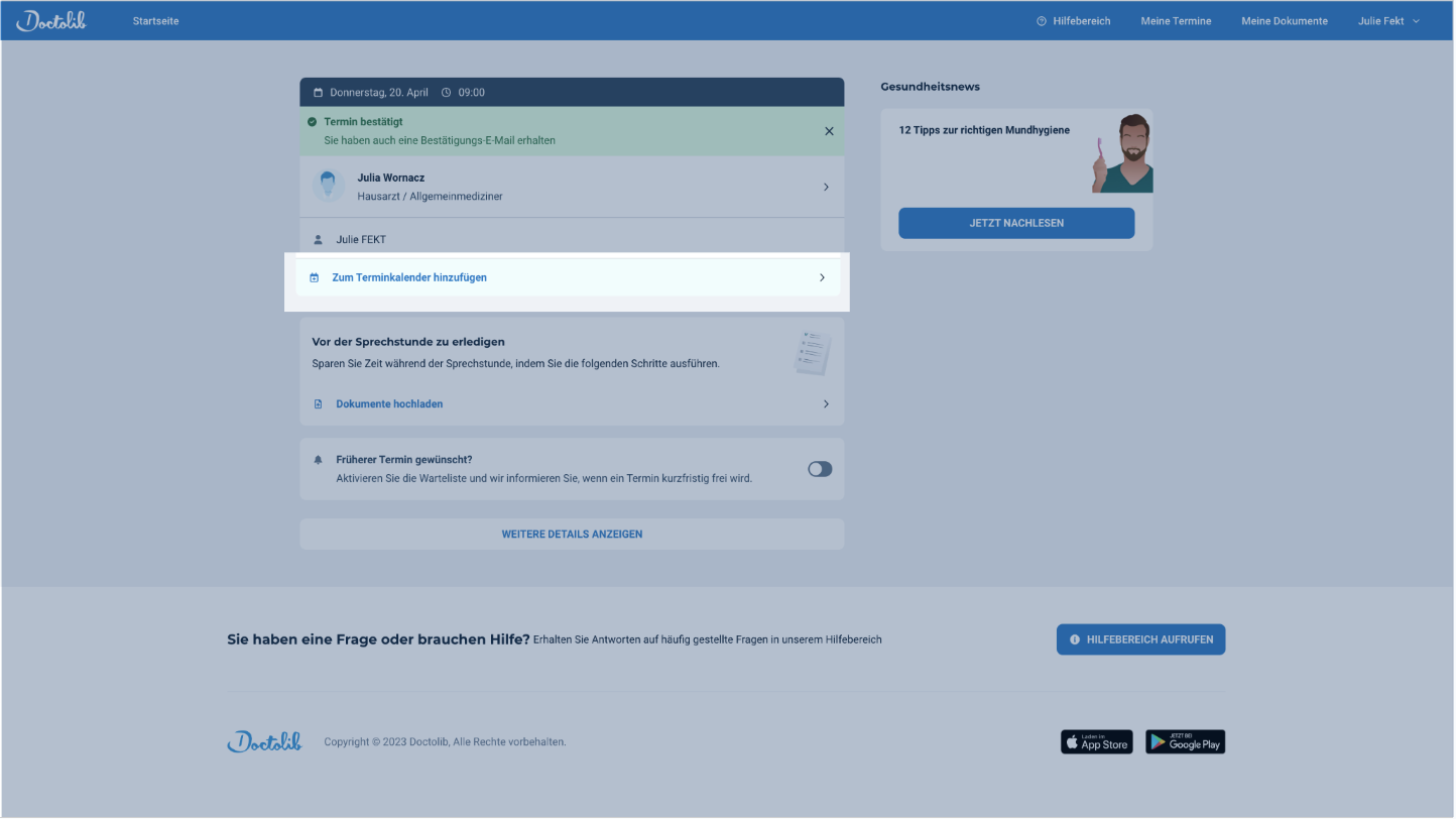 Meinen Termin meinem persönlichen Kalender hinzufügen – Hilfe und ...